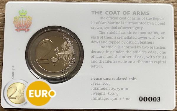 2 euros Saint-Marin 2025 Saint Marin BU FDC Coincard Armoiries Numéro de série 3 ...